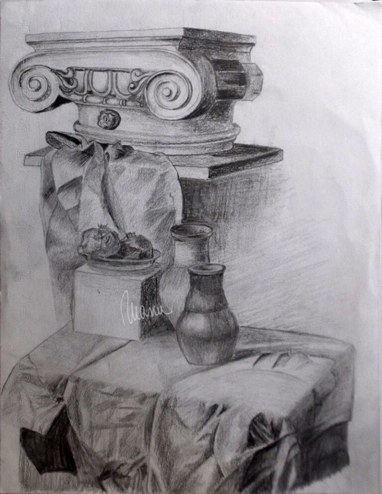 Still life study (classic setup), graphite pencils sketch - Manu Fine Art