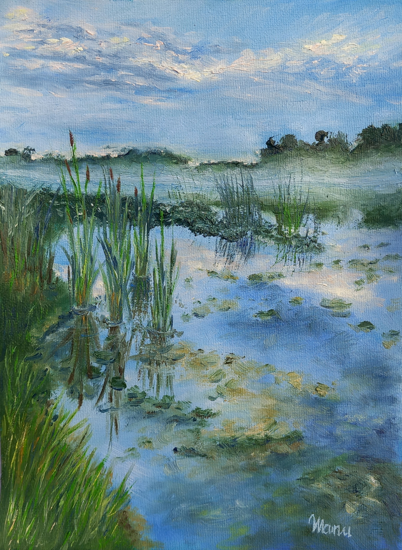 Lake with mist and reeds - Manu Fine Art